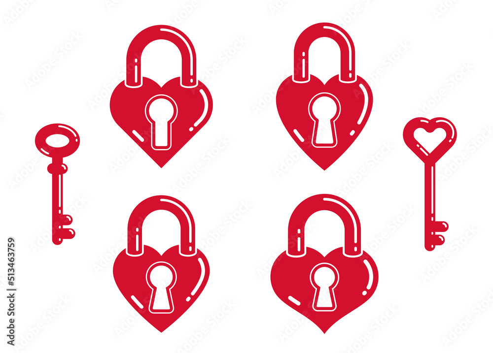 Heart shaped padlocks vector logos or icons set, locks and turnkeys ...