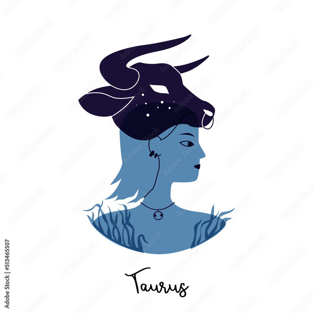 Taurus zodiac sign. Female blue silhouette with a bull's head as a mask ...