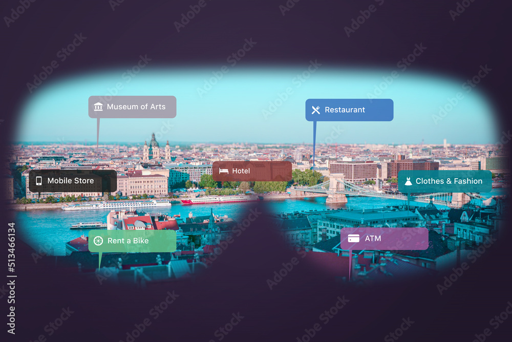 View of the city panorama with VR glasses. The interface shows the ...