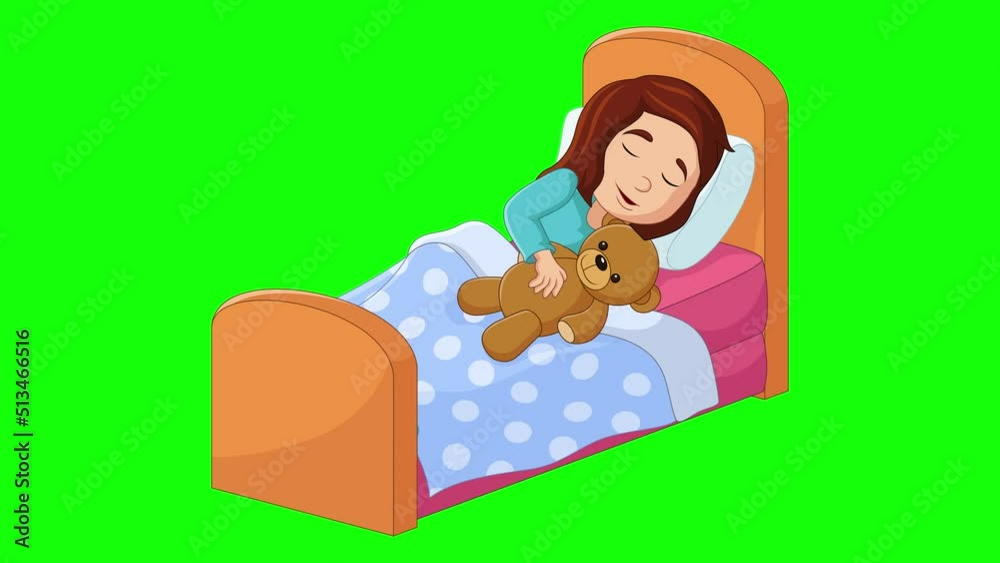 little girl sleeping and hugging teddy bear cartoon 2d animation screen ...