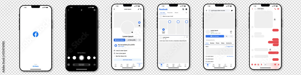 Facebook mockup set. Facebook mobile App interface template on Apple ...