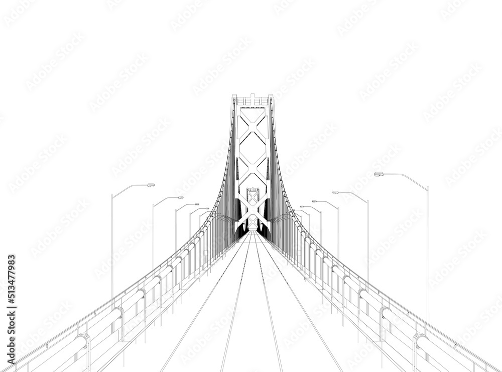 Outline of a large detailed bridge with lanterns. Front view. 3D ...
