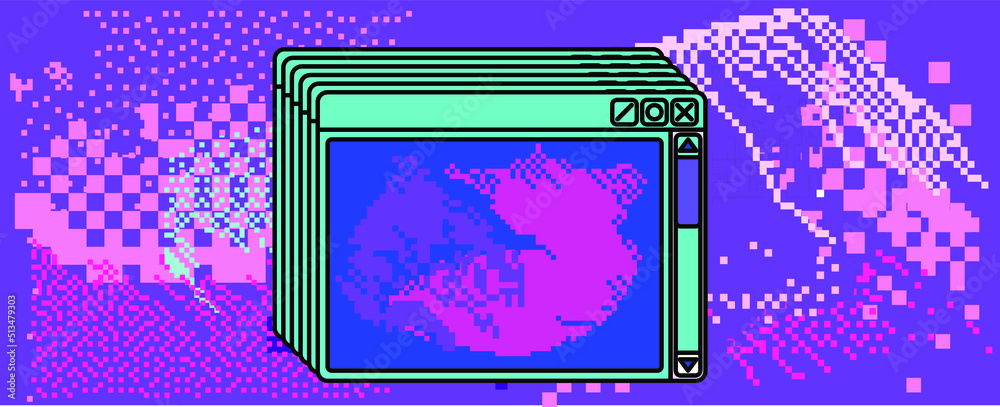 Trendy vaporwave background with pixel art chaotic composition. Concept ...