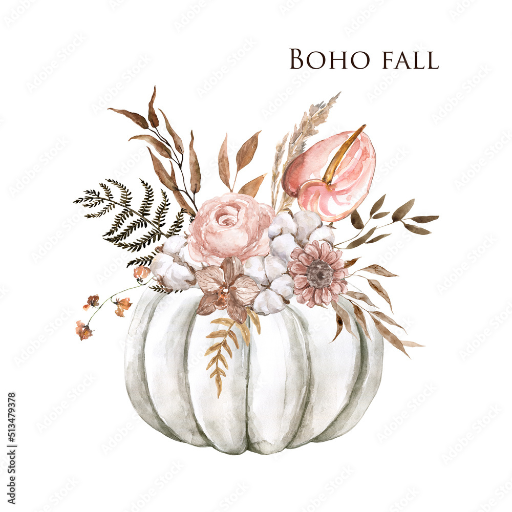 Watercolor floral bohemian pumpkin arrangement. Hand-painted pastel ...