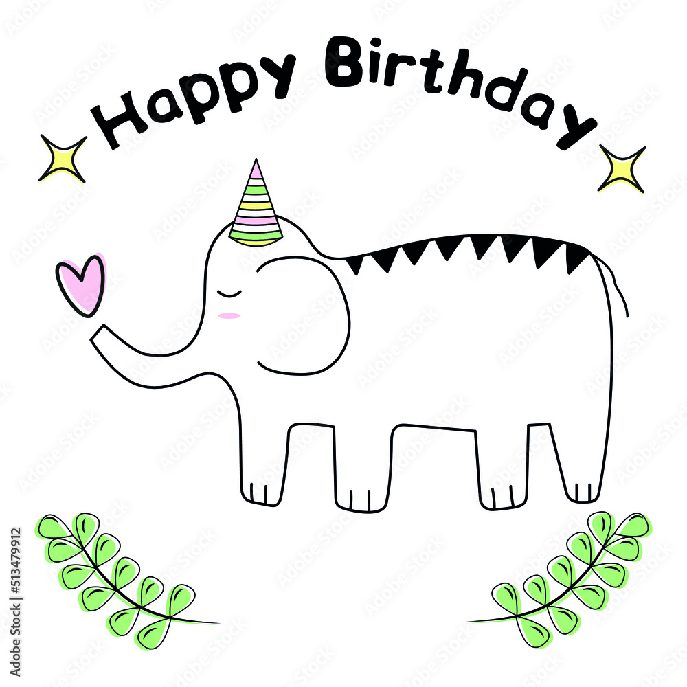 Vector cute minimalistic card with elephant. Cartoon character. Happy ...