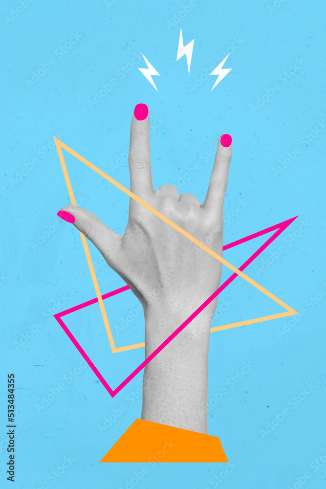 Exclusive collage picture of human arms make horned symbol show pink ...