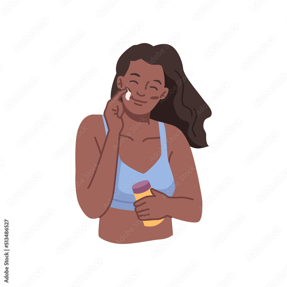 Female personage uses sun lotion to protect skin from sunburn. Isolated ...