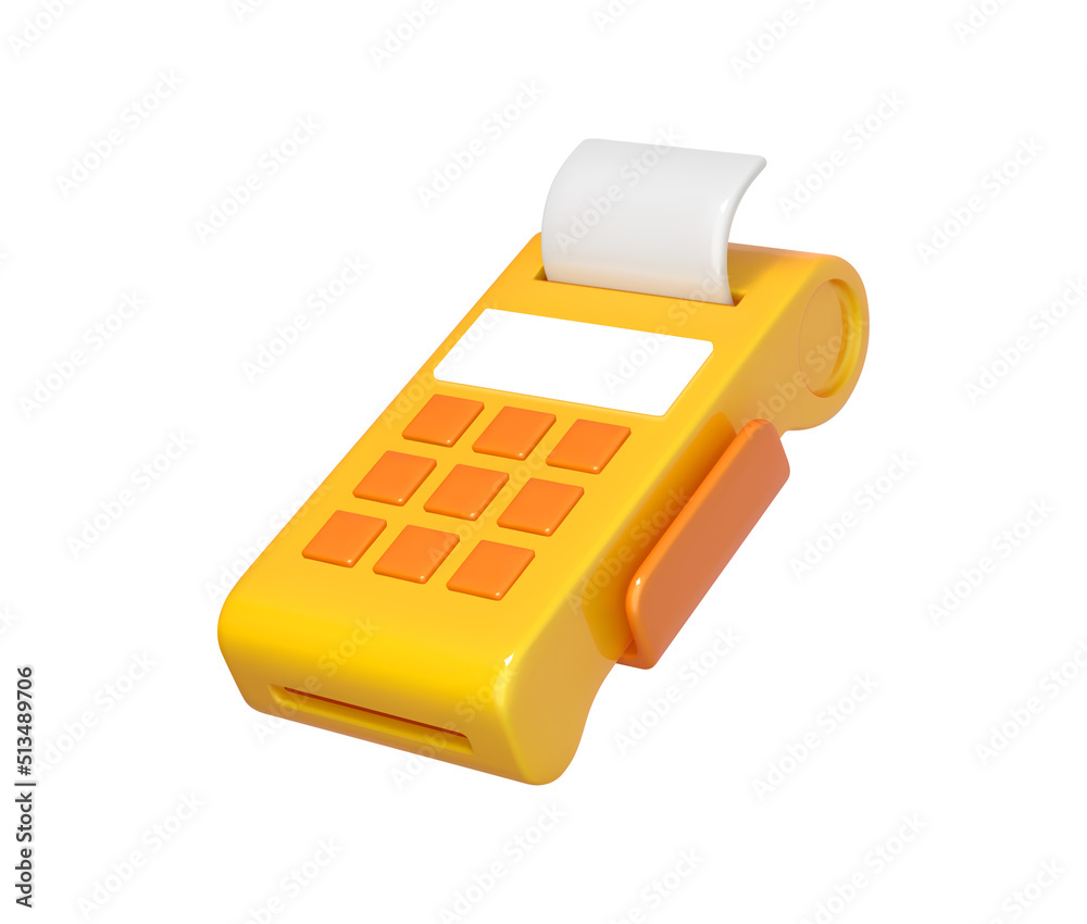3D cartoon payment terminal. POS terminal with check. Financial ...