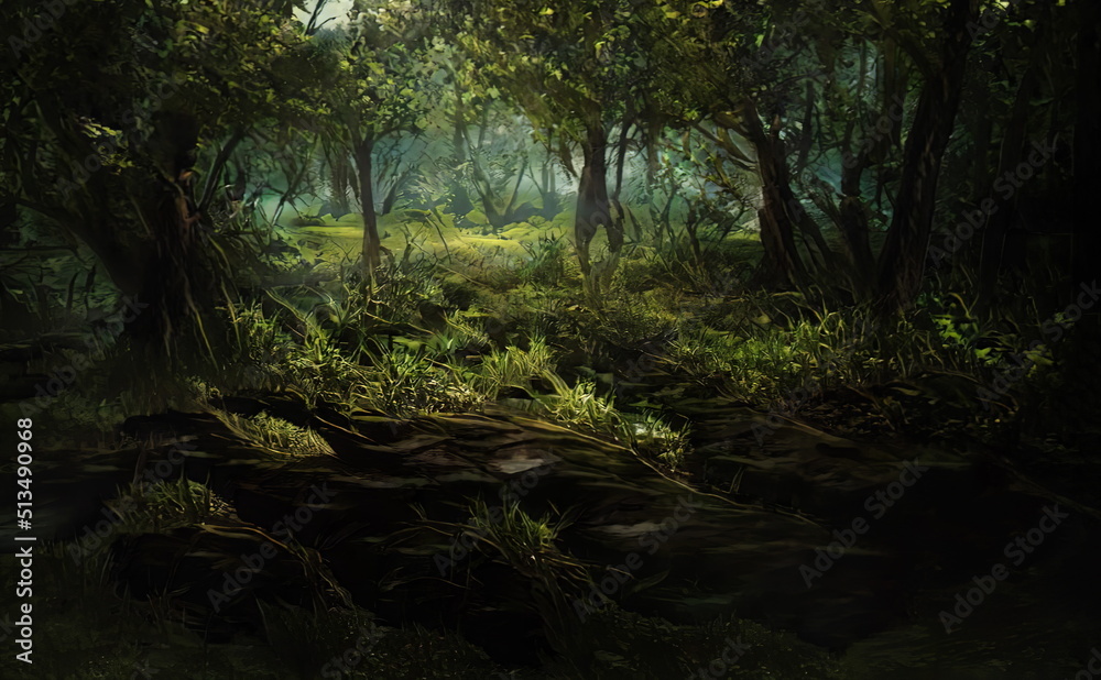 Fantastic Epic Magical Forest Landscape. Summer beautiful mystic nature ...