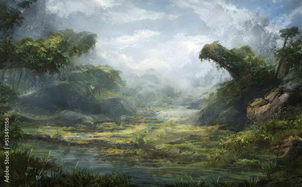 Fantastic Epic Magical Forest Landscape. Summer beautiful mystic nature ...
