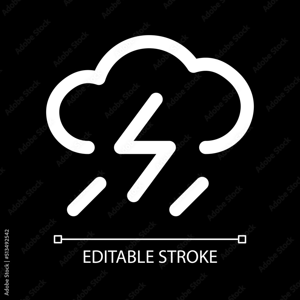 Rain and lightning white linear ui icon for dark theme. Weather ...