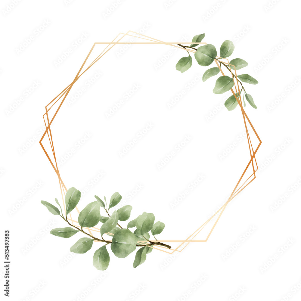 Greenery Eucalyptus Leaves Watercolor with geometric luxury gold frame ...