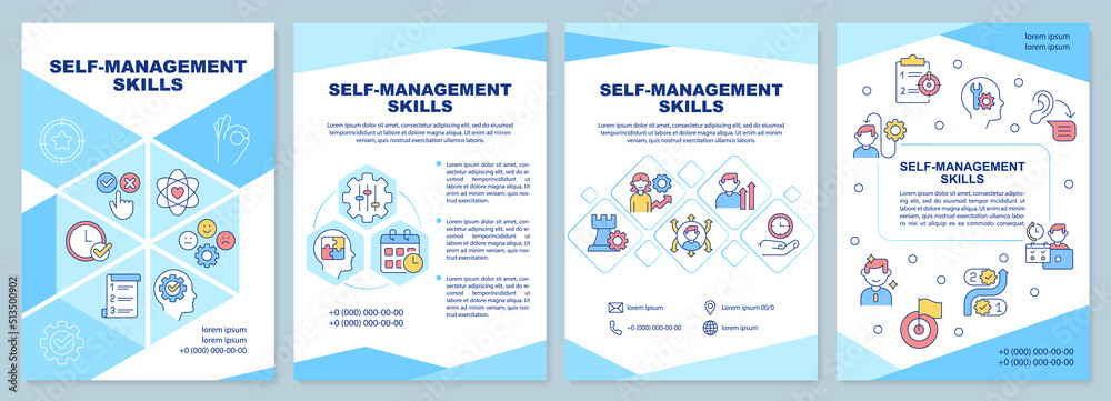 Self-management skills blue brochure template. Efficiency. Leaflet ...