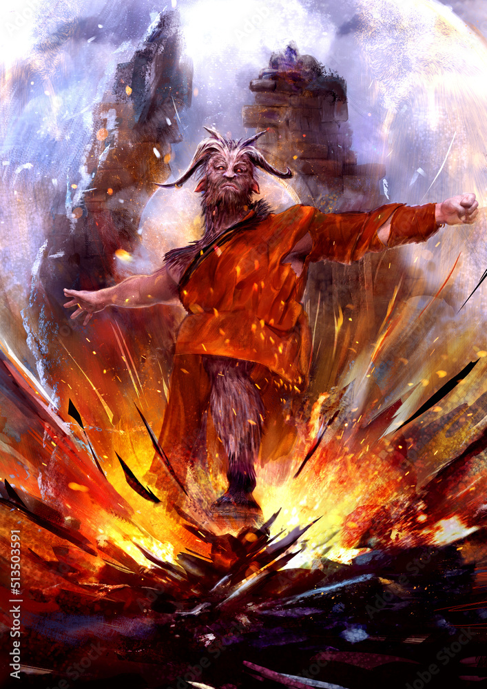 A minotaur with large horns on his head hits the stones with his hoof ...