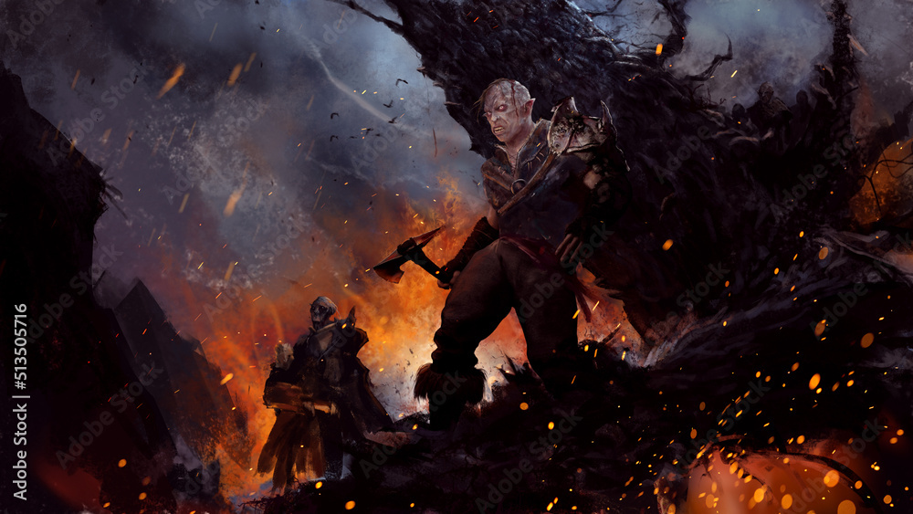 An orc with a crippled face holds an axe in his hands, he is dressed in ...