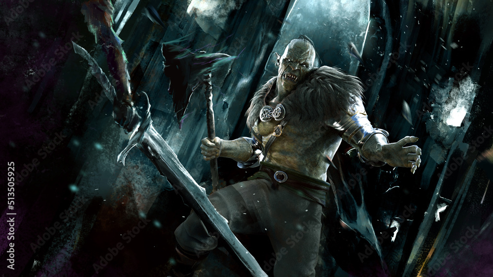 An orc in heavy armor with a huge axe stands in the castle in the rays ...