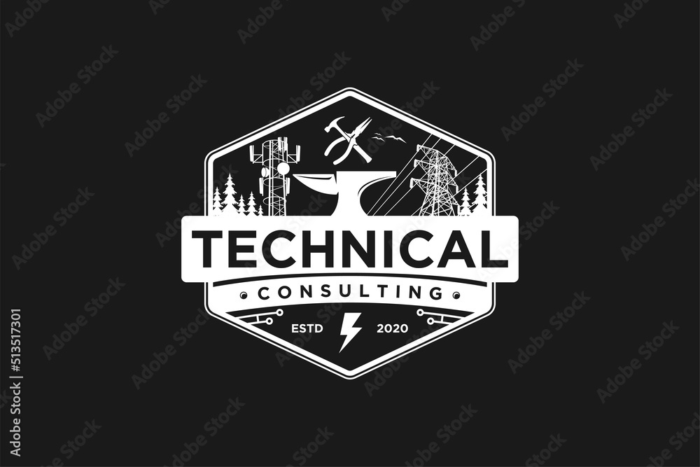 Technical badge logo design hexagon shape anvil iron bts tower symbol ...