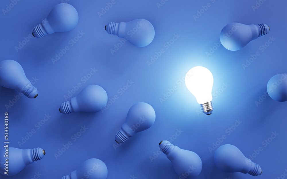 Glowing lamp among shutdown blue lightbulb for smart thinking and ...