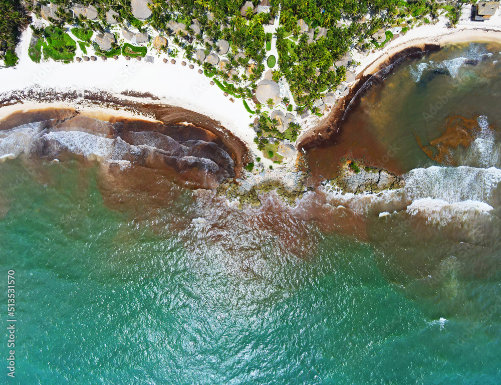 Tulum, a beautiful aerial bird's eye drone top view of a tropical ...
