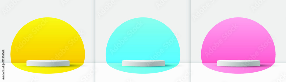 Stage 3d vector collection in pink, blue, yellow. Pedestal or platform ...