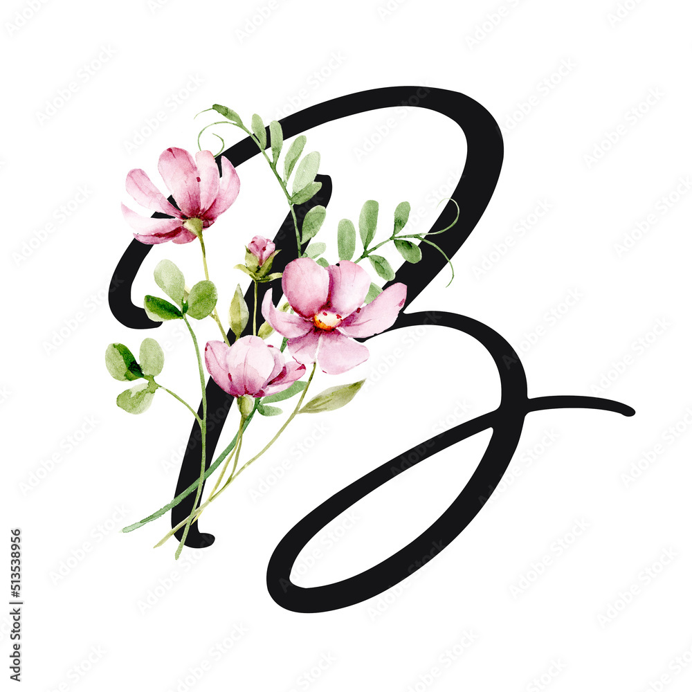 Floral alphabet, letter B with watercolor flowers and leaf. Monogram ...