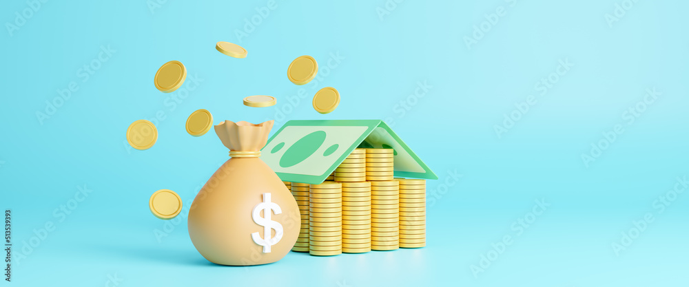 Bank building with money, stock exchange and symbol of bank building ...