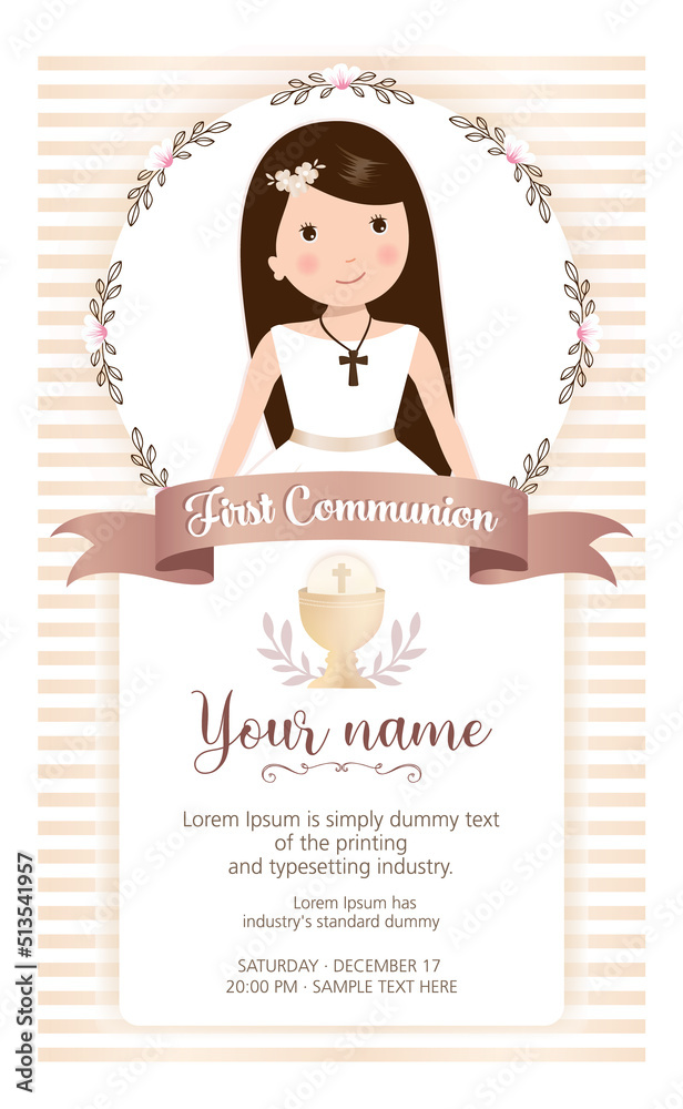 First communion invitation. Girl with communion dress and flower frame ...