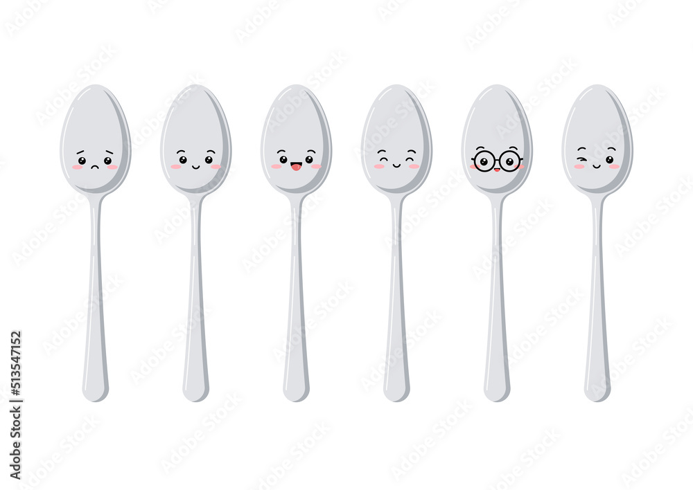 Cute spoon kawaii character set isolated on white background. Cutlery ...