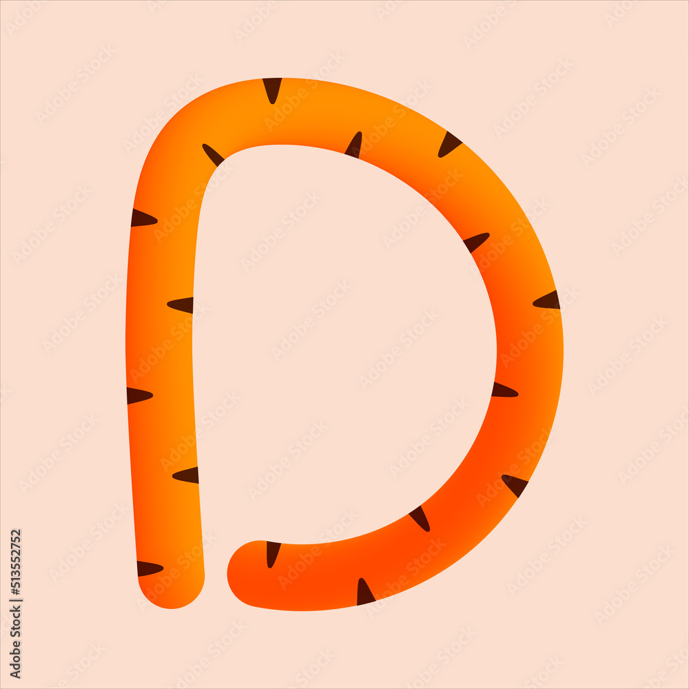 D letter tiger tail design. Vector animal, wildlife isolated font for ...