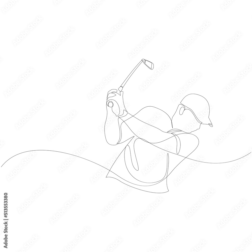 One single line drawing of golf player hit the ball using golf club ...
