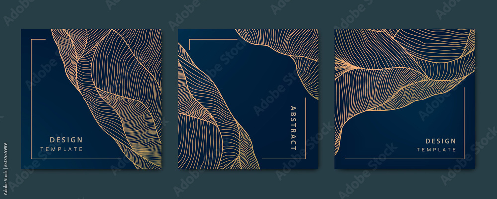 Vector set of wavy luxury line cards, golden dynamic square backgrounds ...