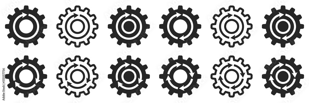 Set of gear wheels icons with arrows. Gear rotation signs. Update icon ...