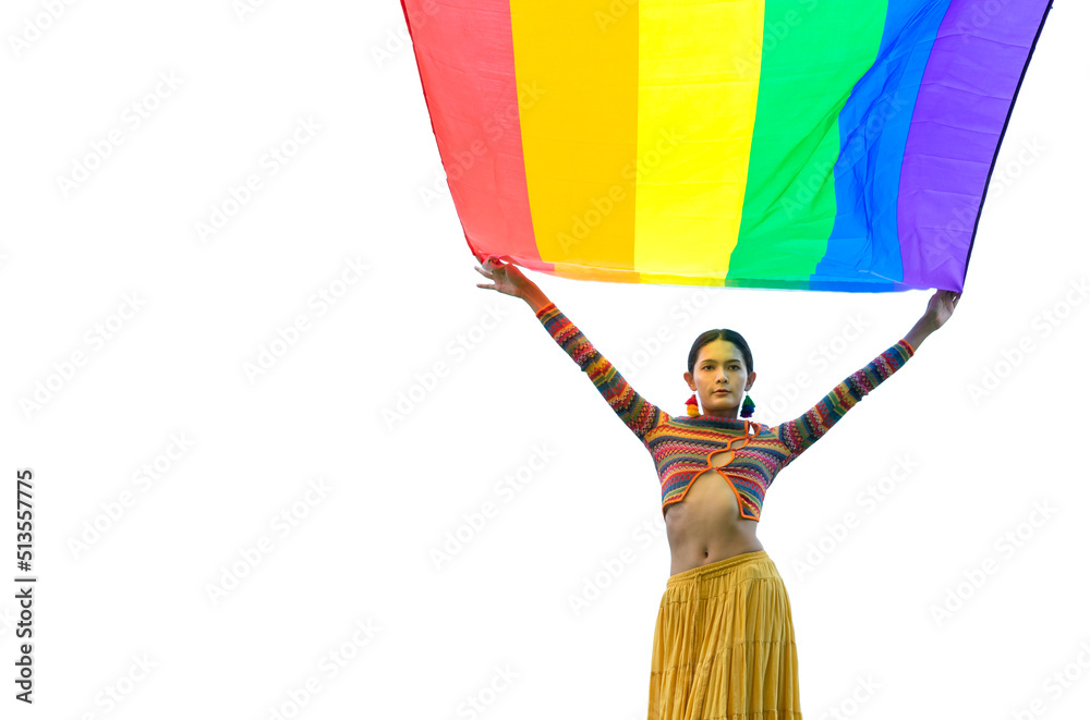 transgender woman raising lgbt rainbow flag isolated on white ...
