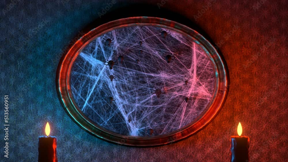Vintage frame covered with spider web and many spiders 3D 4K animation ...