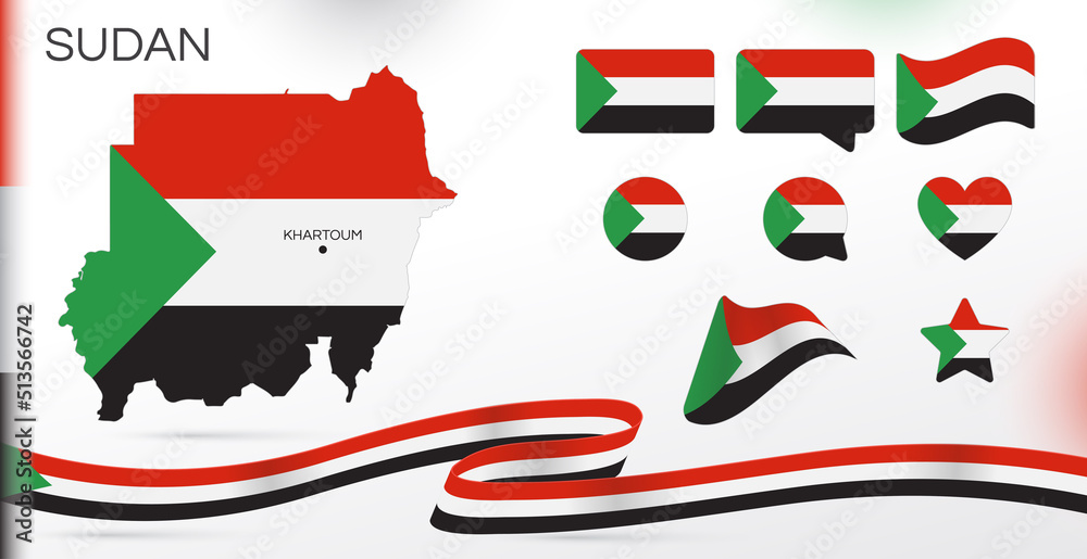 Sudan flags set. Various designs. Map and capital city. World flags ...