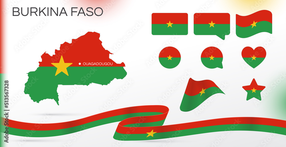 Burkina Faso flags set. Various designs. Map and capital city. World ...