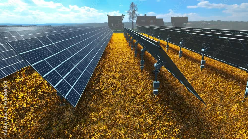 Stunning animation of a beautiful solar farm and power plant on a ...