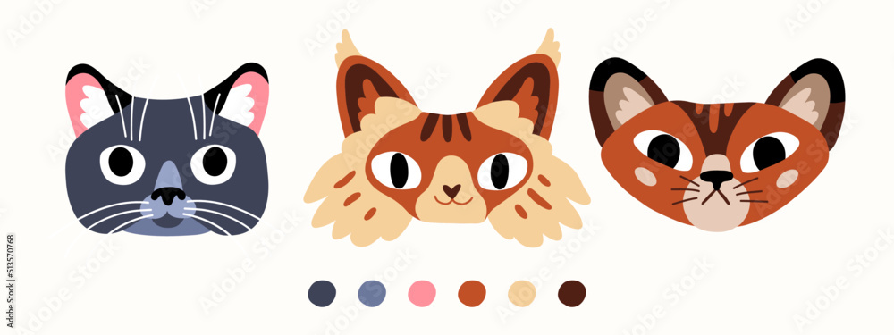 Vector illustration of funny emotional cat faces. Animal portraits for ...