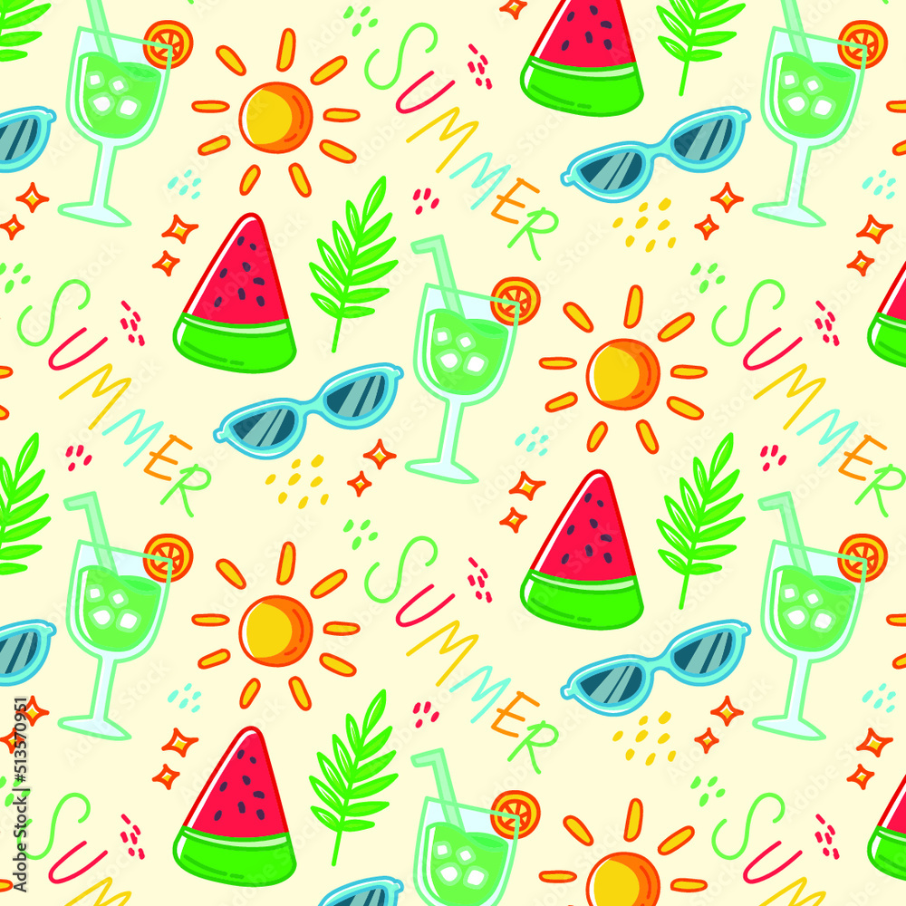 Hand drawn cute summer seamless pattern Stock Vector | Adobe Stock
