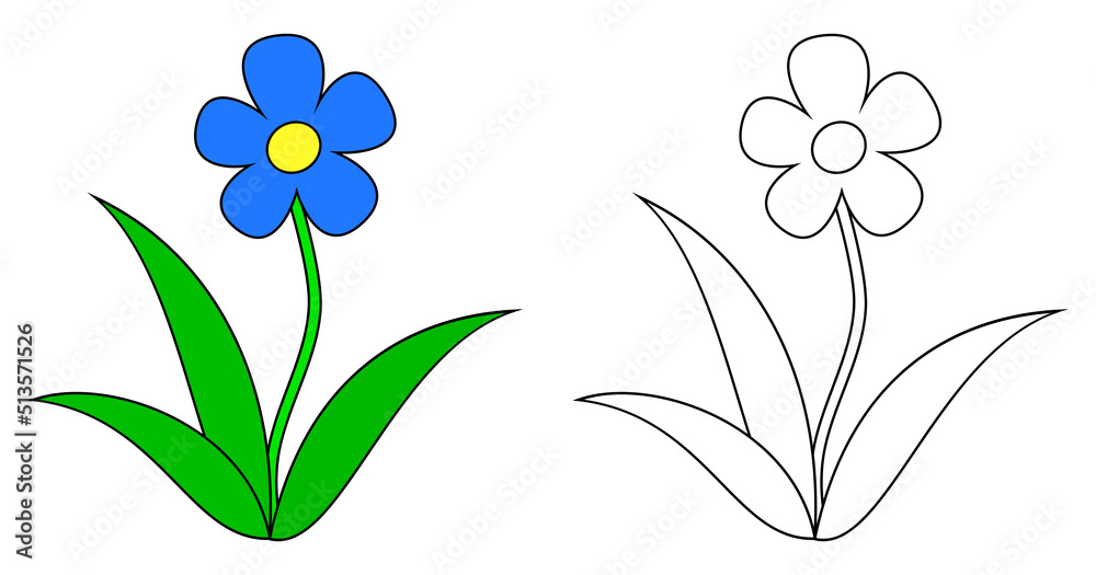 Blue flower colorful and black and white. Coloring book page for ...