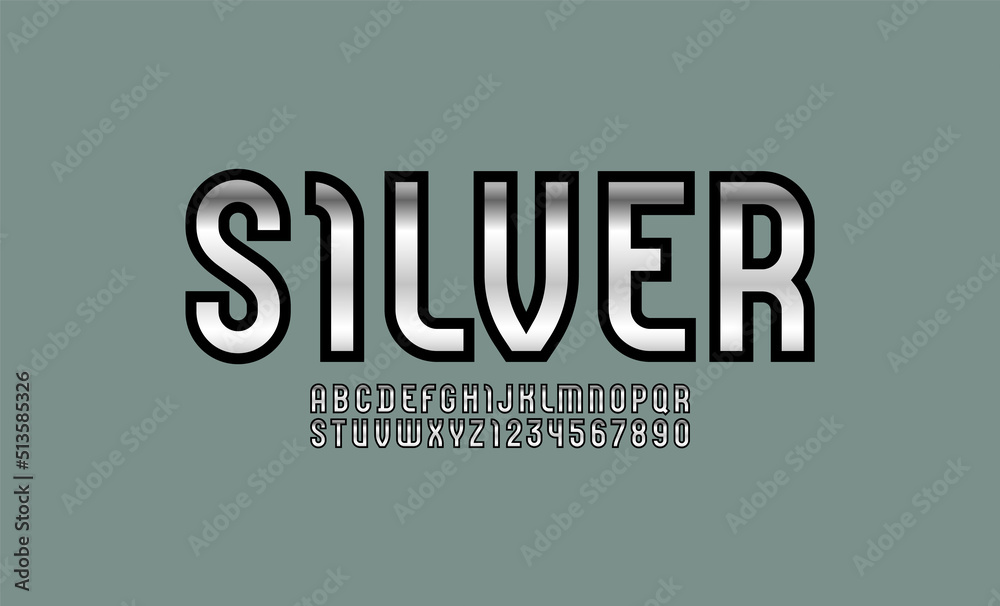 Narrow silver font, condensed alphabet sans serif, chrome metallic ...