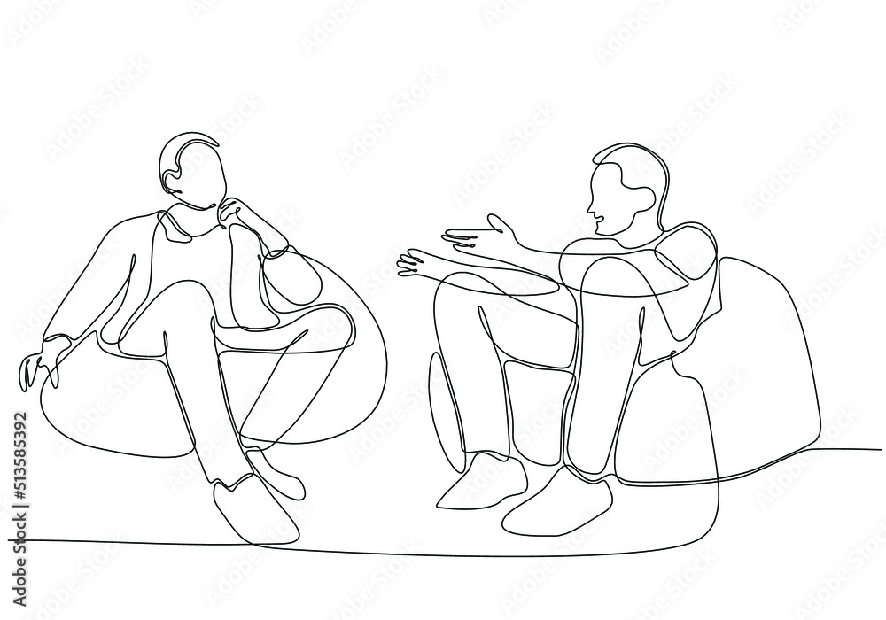 Single continuous line drawing of two young male workers chatting ...