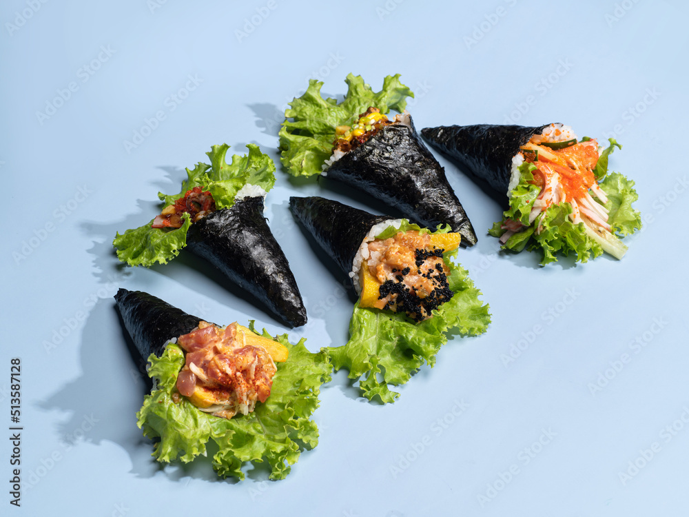 Assorted japanese wraps Spicy TAMAGO, CALIFORNIA wrap, POKE SALMON Skin ...