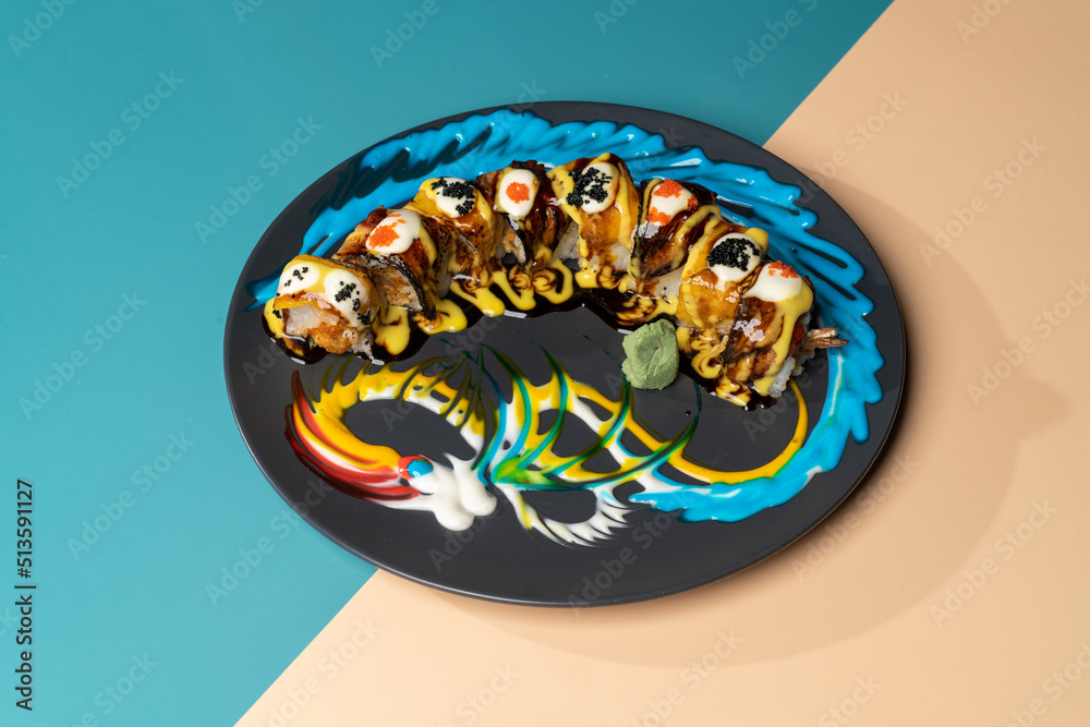 KURO DRAGON served in a plate isolated on background side view of ...