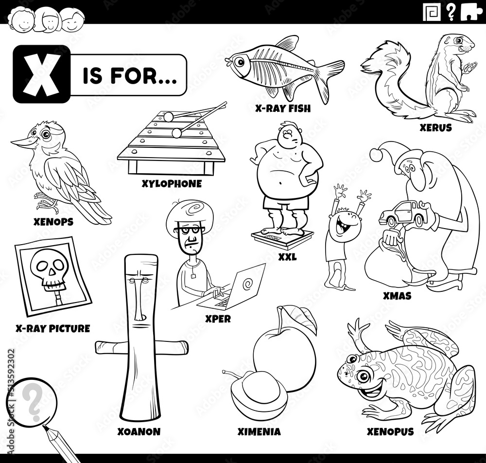 letter x words educational cartoon set coloring page Stock Vector ...