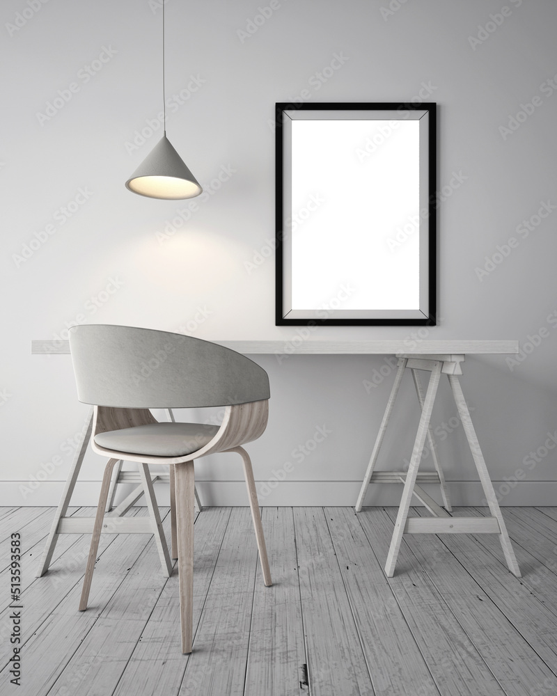 Minimal mock-up desk and tumbled wall.Bright office with empty frame.3d ...