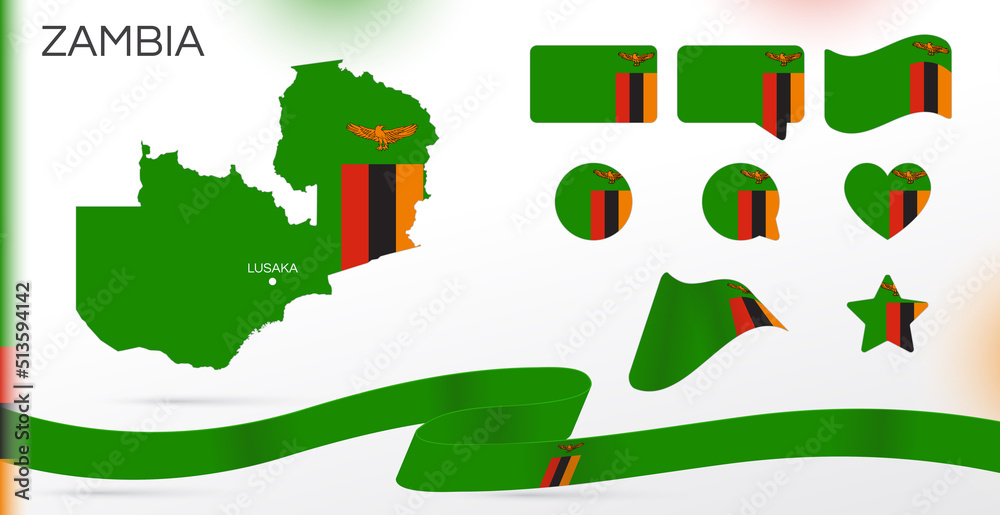 Zambia flags set. Various designs. Map and capital city. World flags ...
