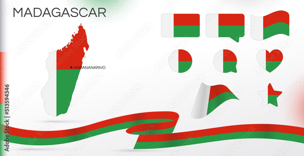 Madagascar flags set. Various designs. Map and capital city. World ...