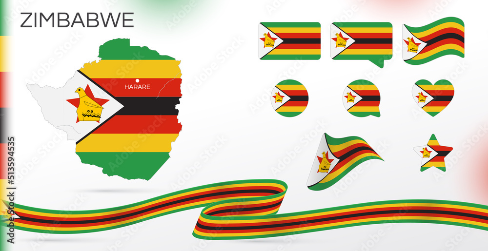 Zimbabwe flags set. Various designs. Map and capital city. World flags ...