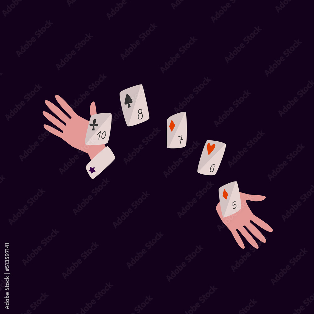 Hands on a dark background show a trick with playing cards. Vector ...